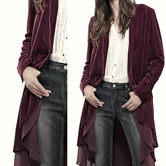 Jackets & Coats | Bohemian Mulberry Ruffled Asymmetric Long Velvet ...